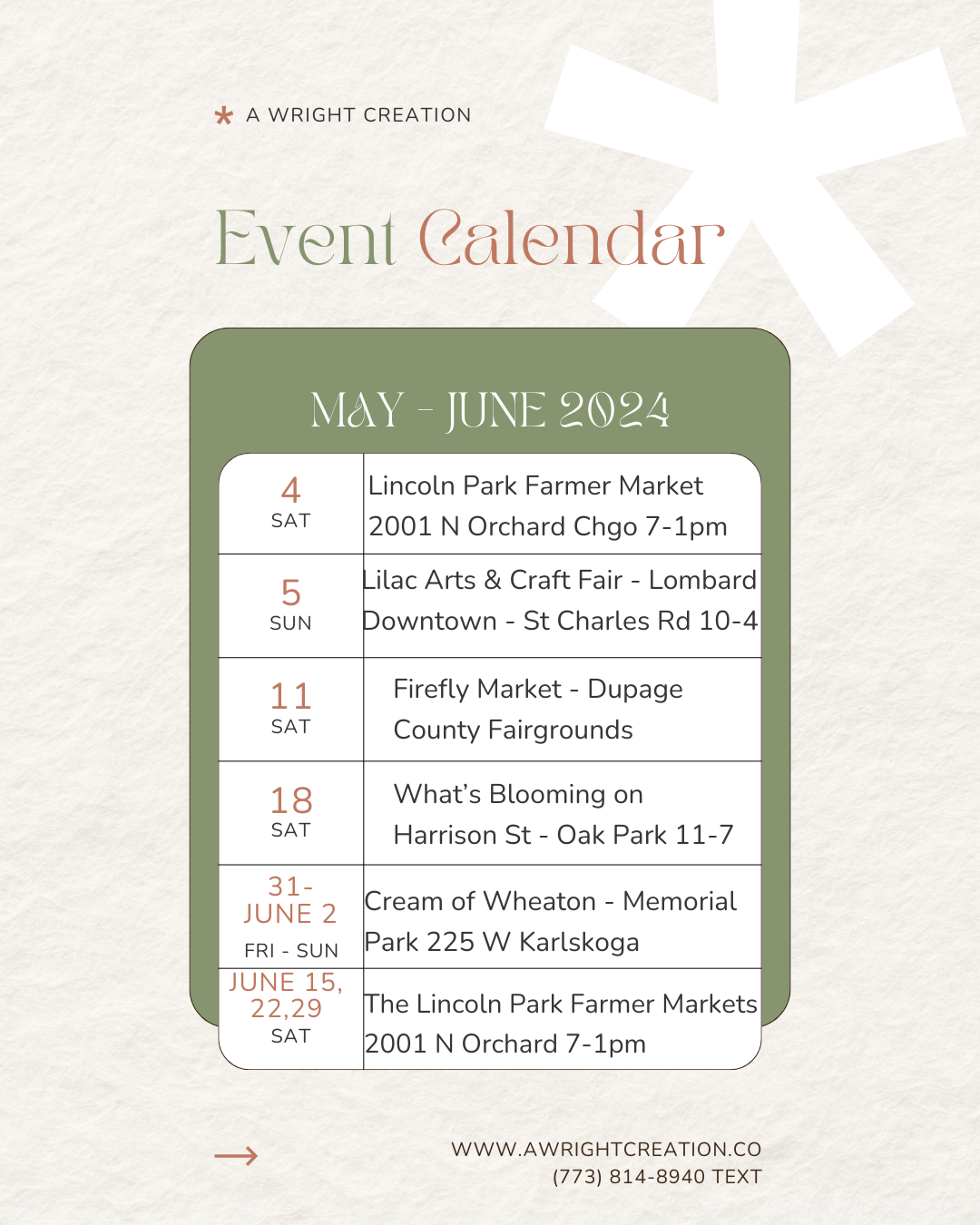 New Event Dates - May & June – A Wright Creation